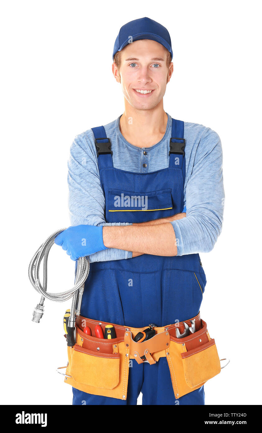 Plumber with tools on white background Stock Photo - Alamy