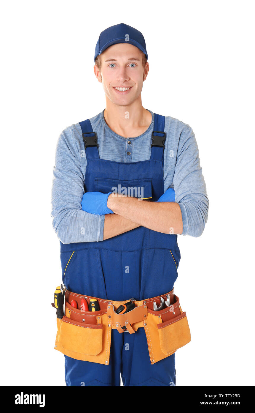 Plumber with tools on white background Stock Photo - Alamy