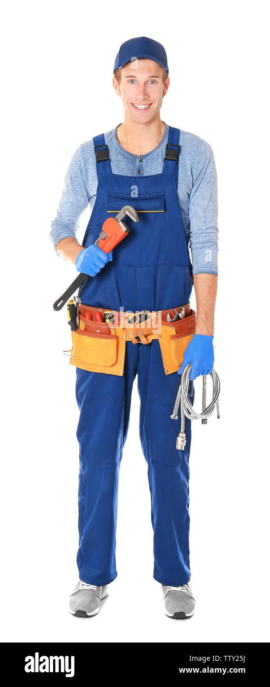 Plumber with tools on white background Stock Photo - Alamy