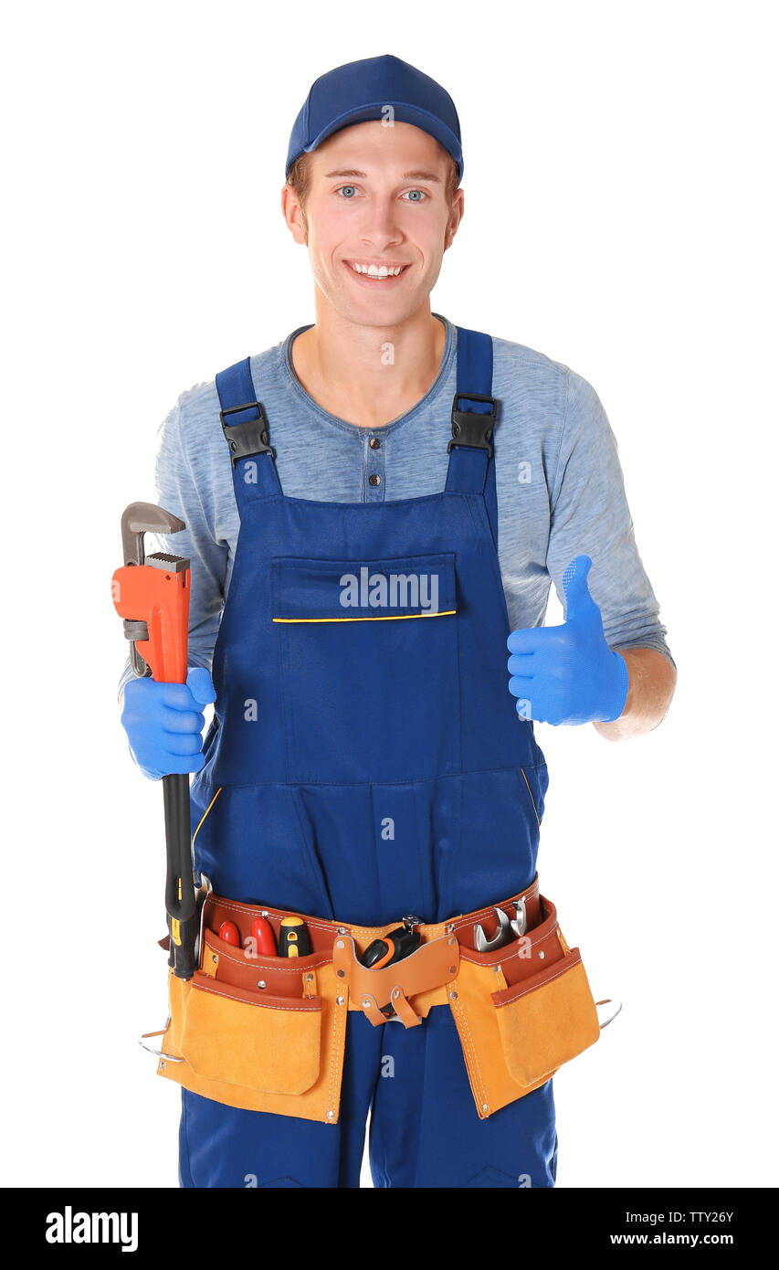 Plumber with tools on white background Stock Photo - Alamy