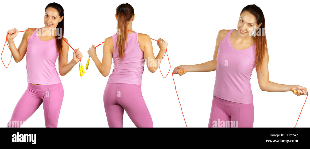 Collage of different fitness exercises isolated on a white background ...