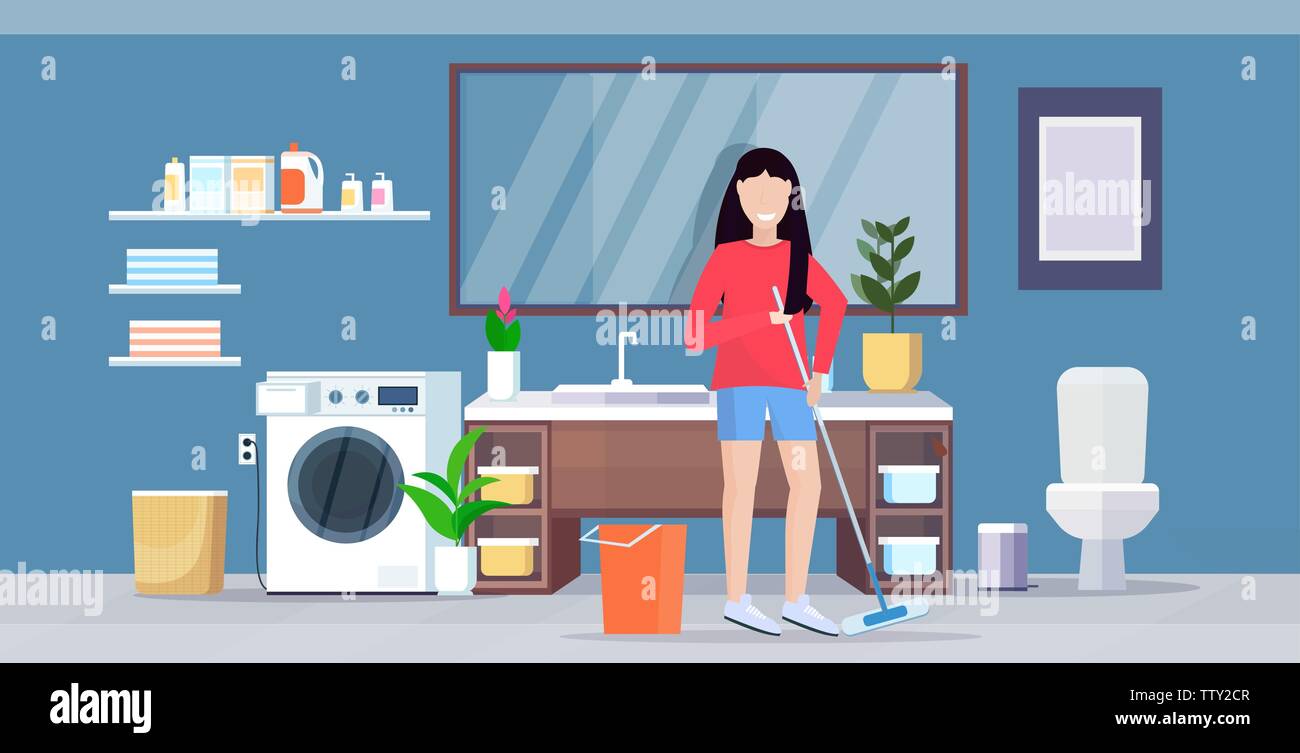 housewife mopping floor smiling woman cleaner holding mop doing ...