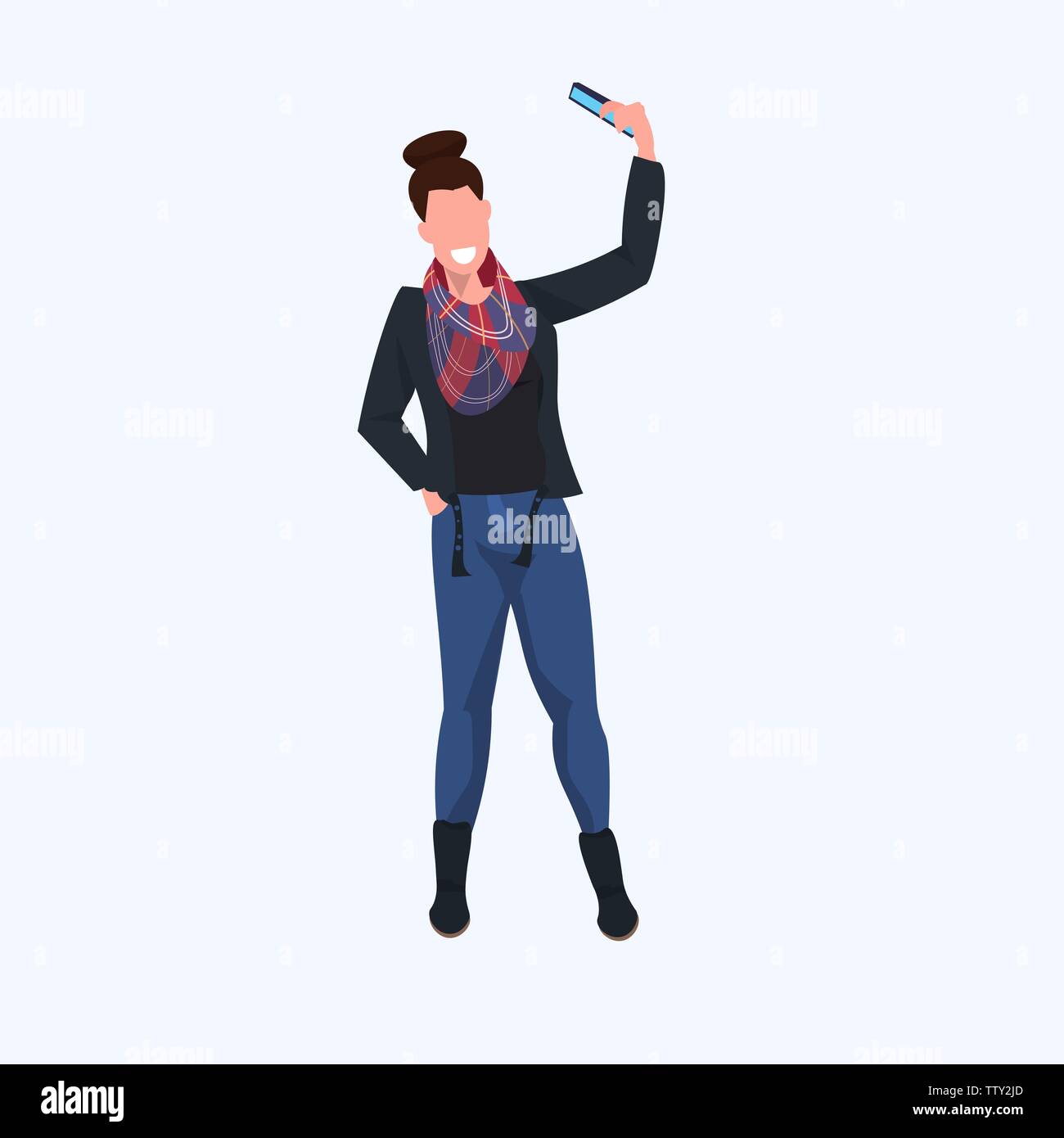 woman taking selfie photo on smartphone camera casual female cartoon ...