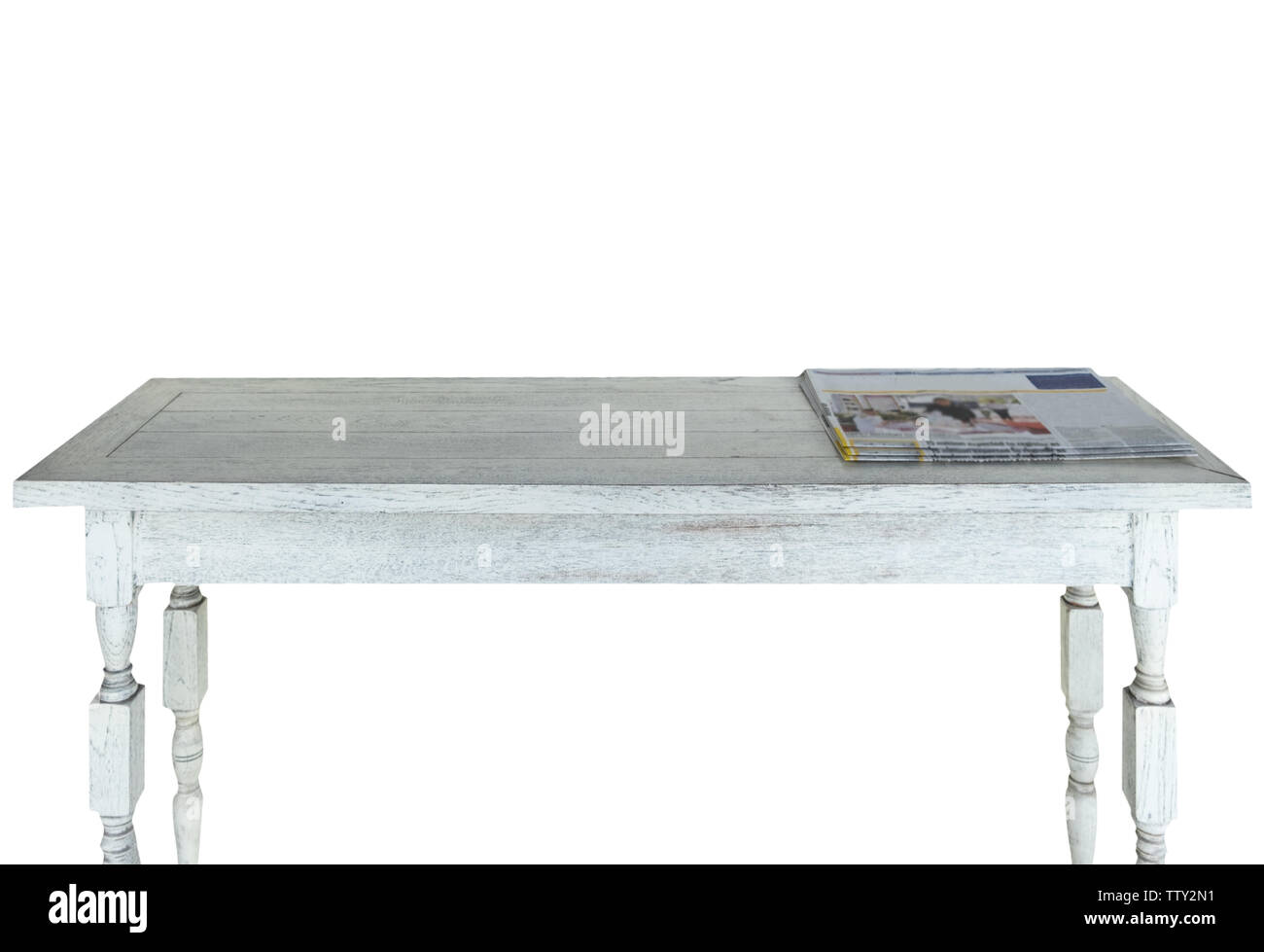 White wood desk with newspaper, isolated on white background Stock ...