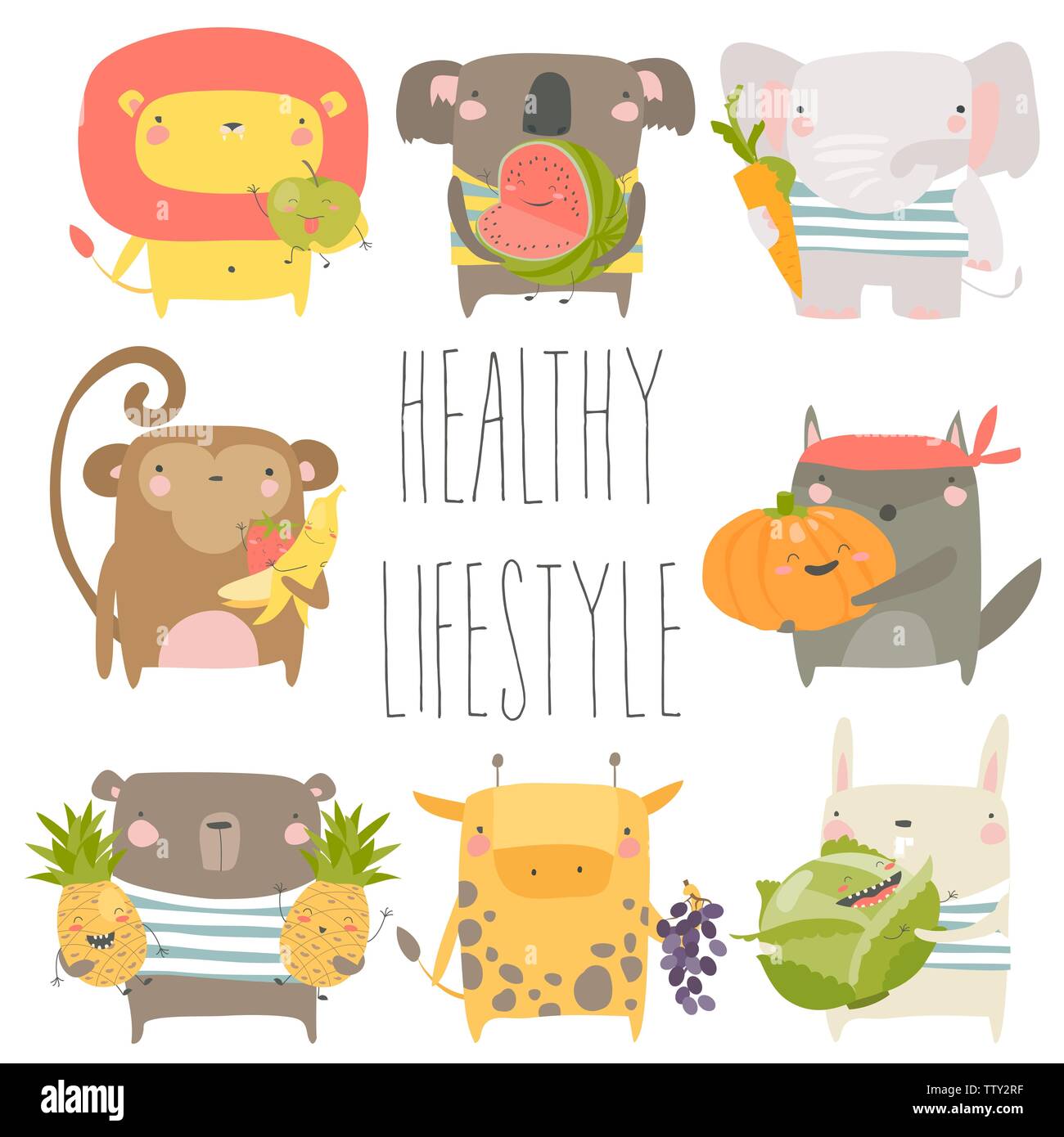 Cartoon animals holding fruits and vegetables on white background Stock ...