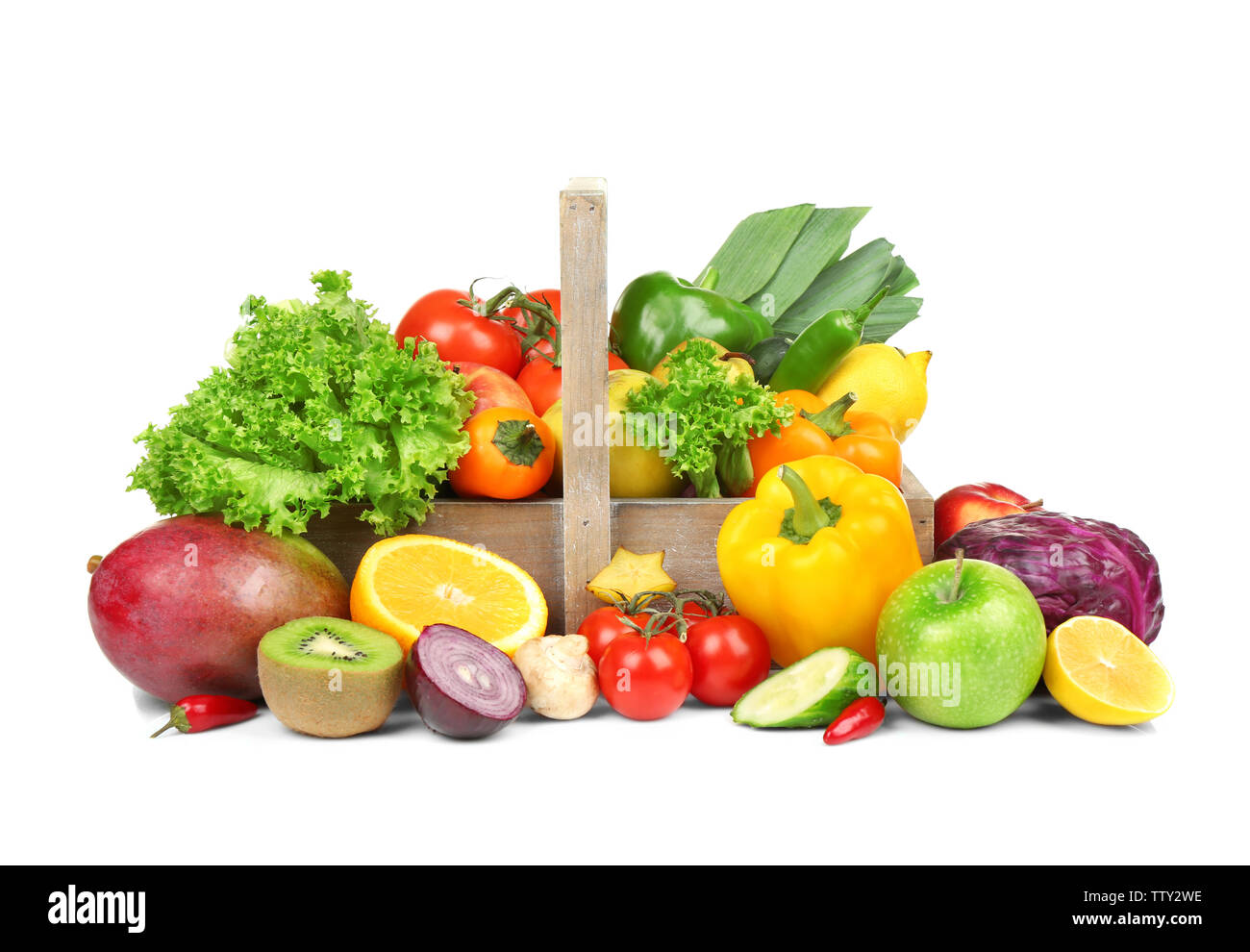 Fresh vegetables and fruits in basket on white background Stock Photo ...