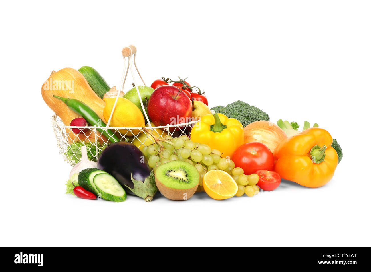 Fresh vegetables and fruits in basket on white background Stock Photo ...
