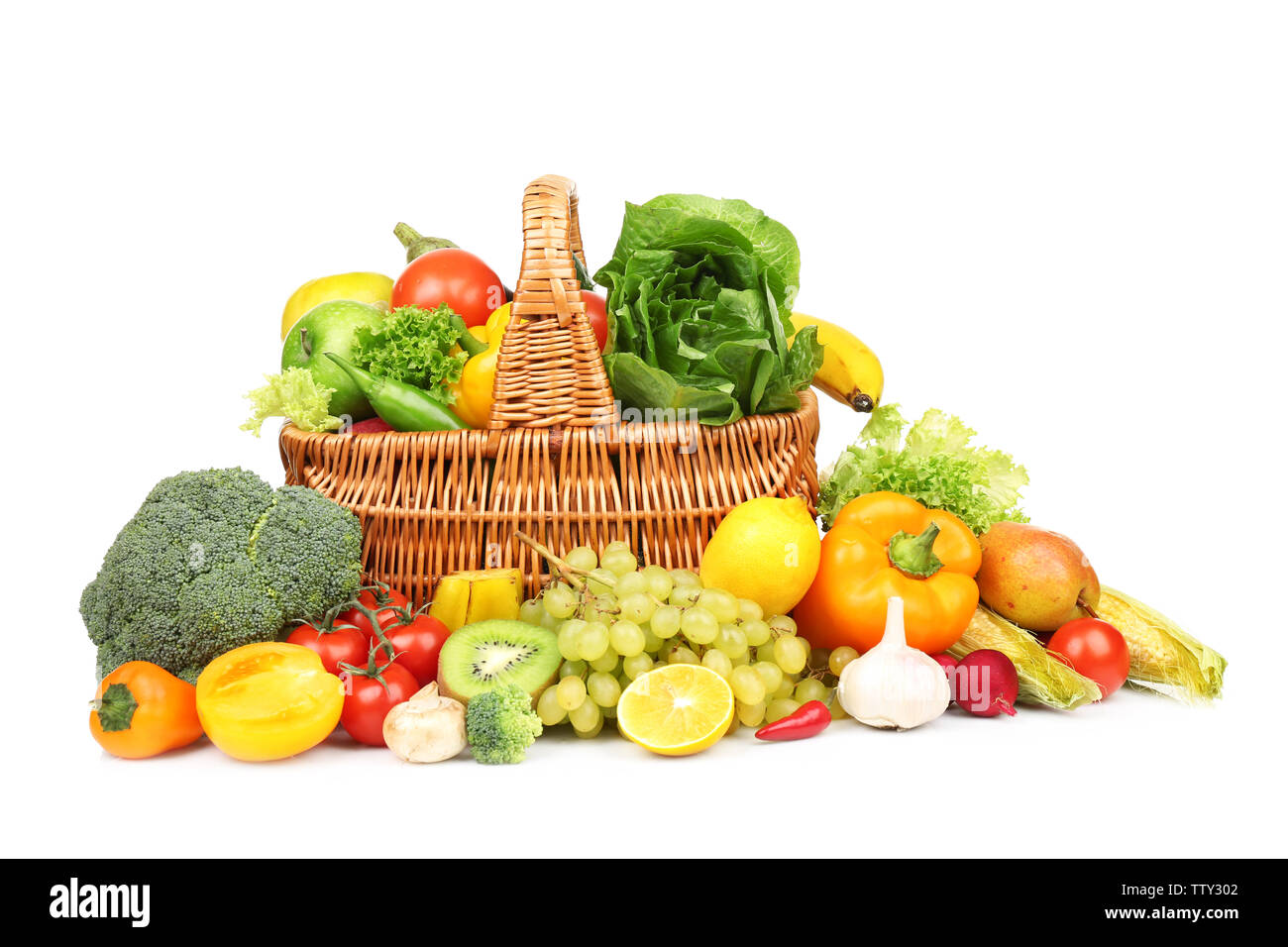 Fresh vegetables and fruits in basket on white background Stock Photo ...