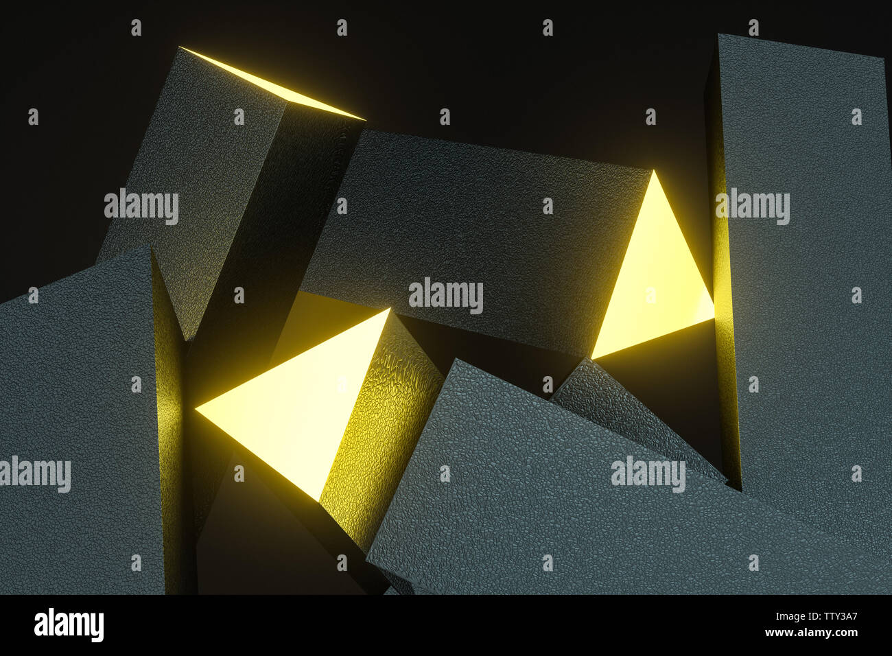 Three-dimensional rendering, glowing triangular columns against dark ...