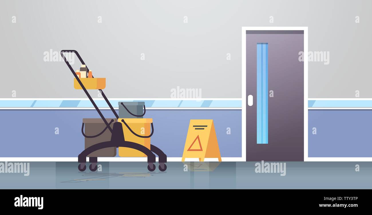 cleaning service trolley cart with supplies caution wet floor sign ...
