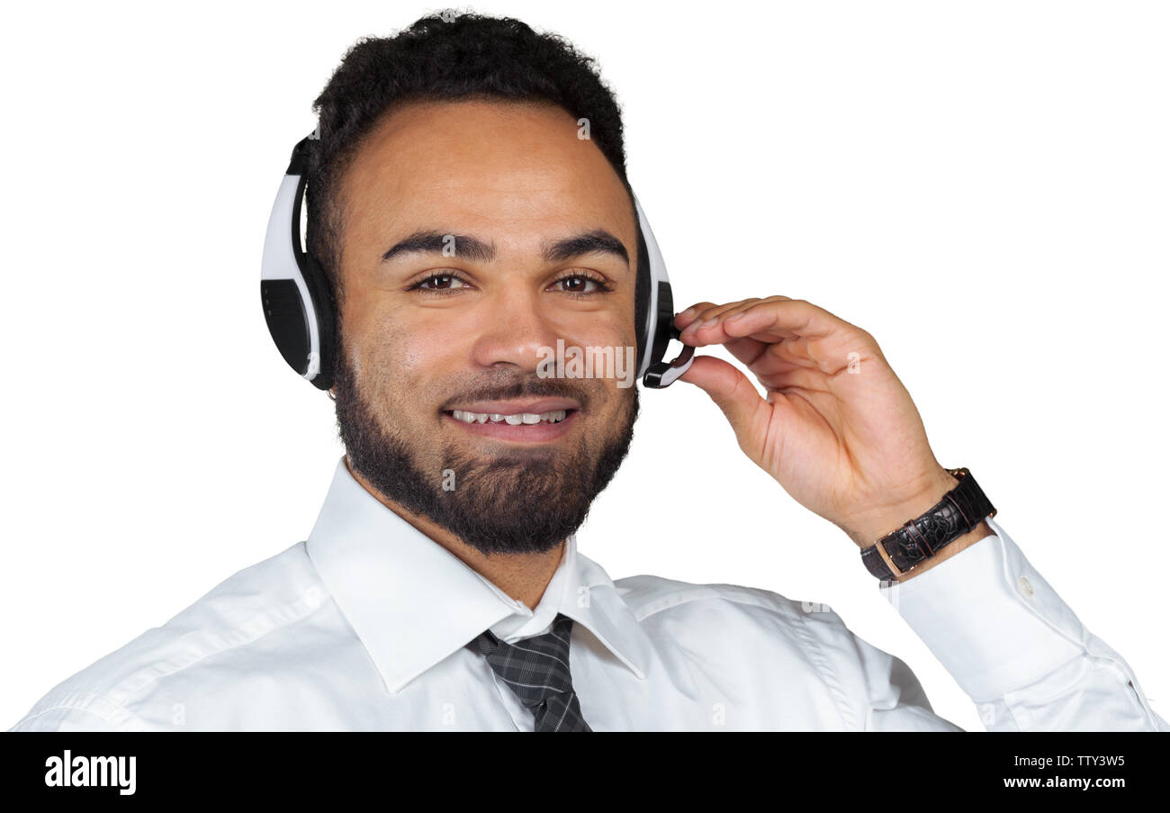 African American man in headsets isolated white background Stock Photo - Alamy
