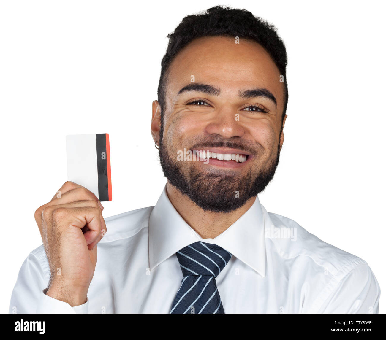 Happy smiling young man holding a credit card isolated on white ...