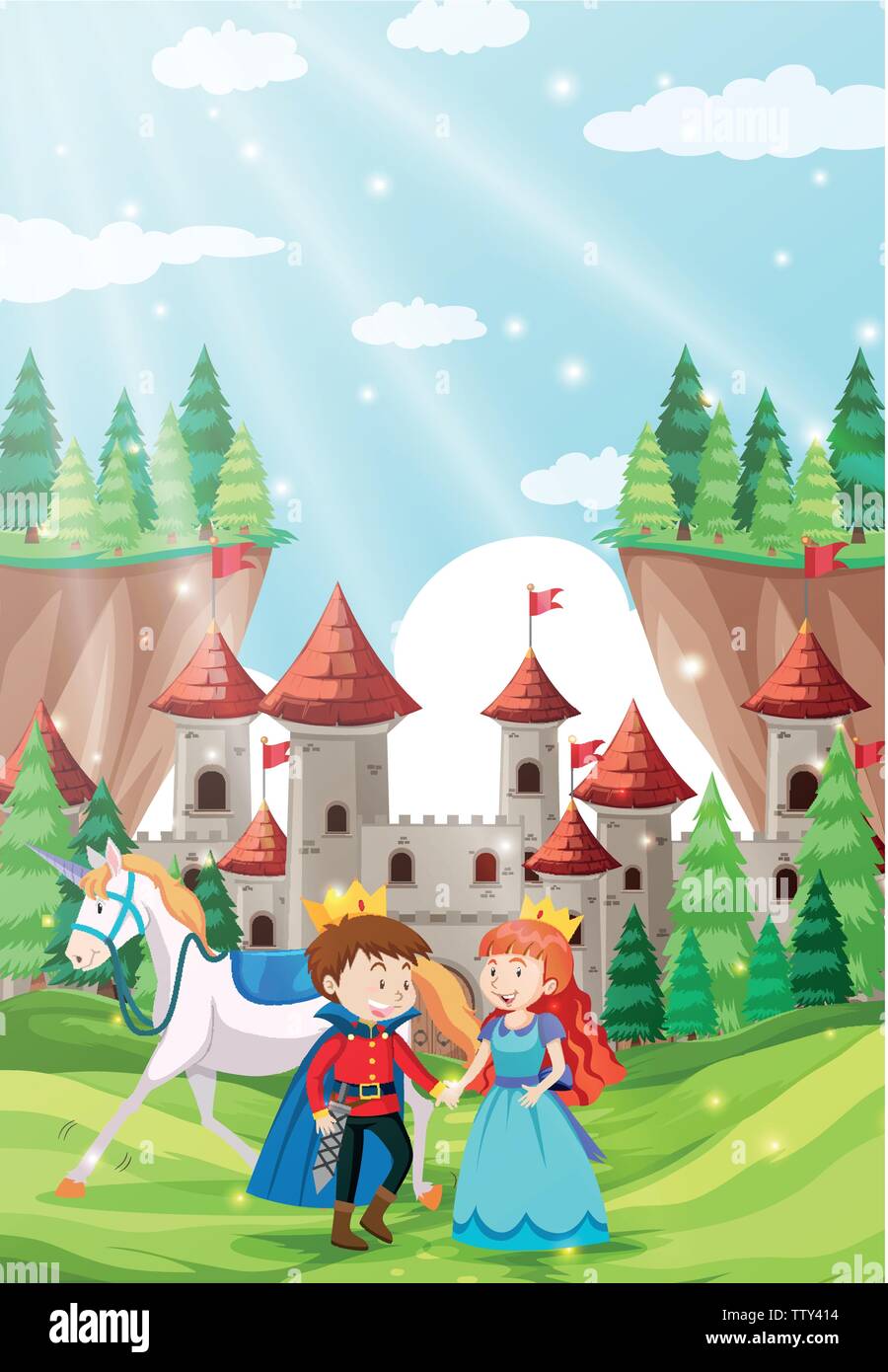 Prince and princess in castle scene illustration Stock Vector Image ...