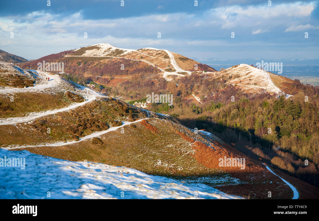 The snow filled defensive ditches of British Camp Iron Age Fort in the ...