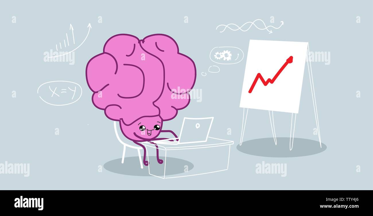 cute human brain using laptop analyzing financial graph on flip chart ...