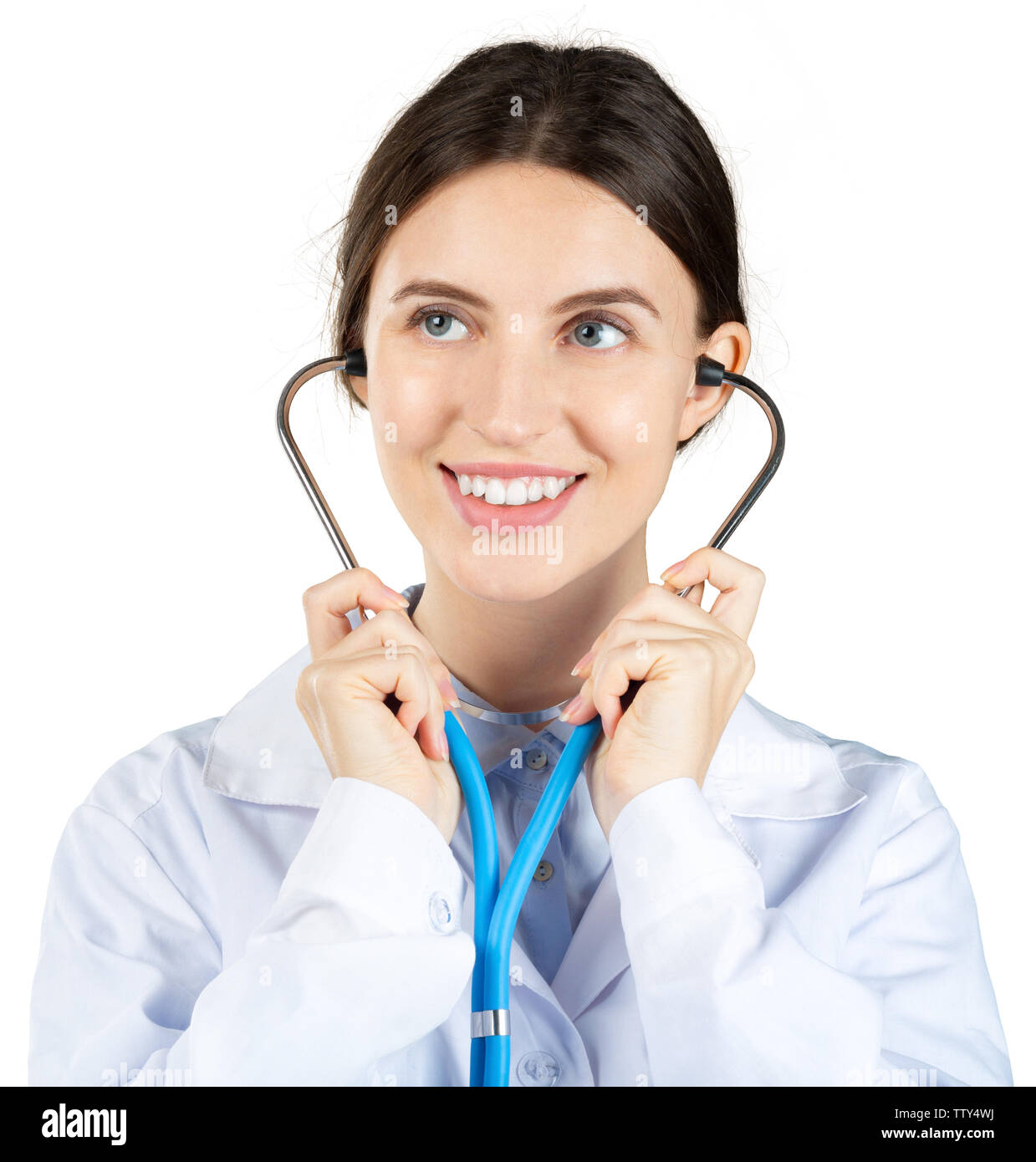 Portrait of a friendly female doctor isolated on white Stock Photo - Alamy
