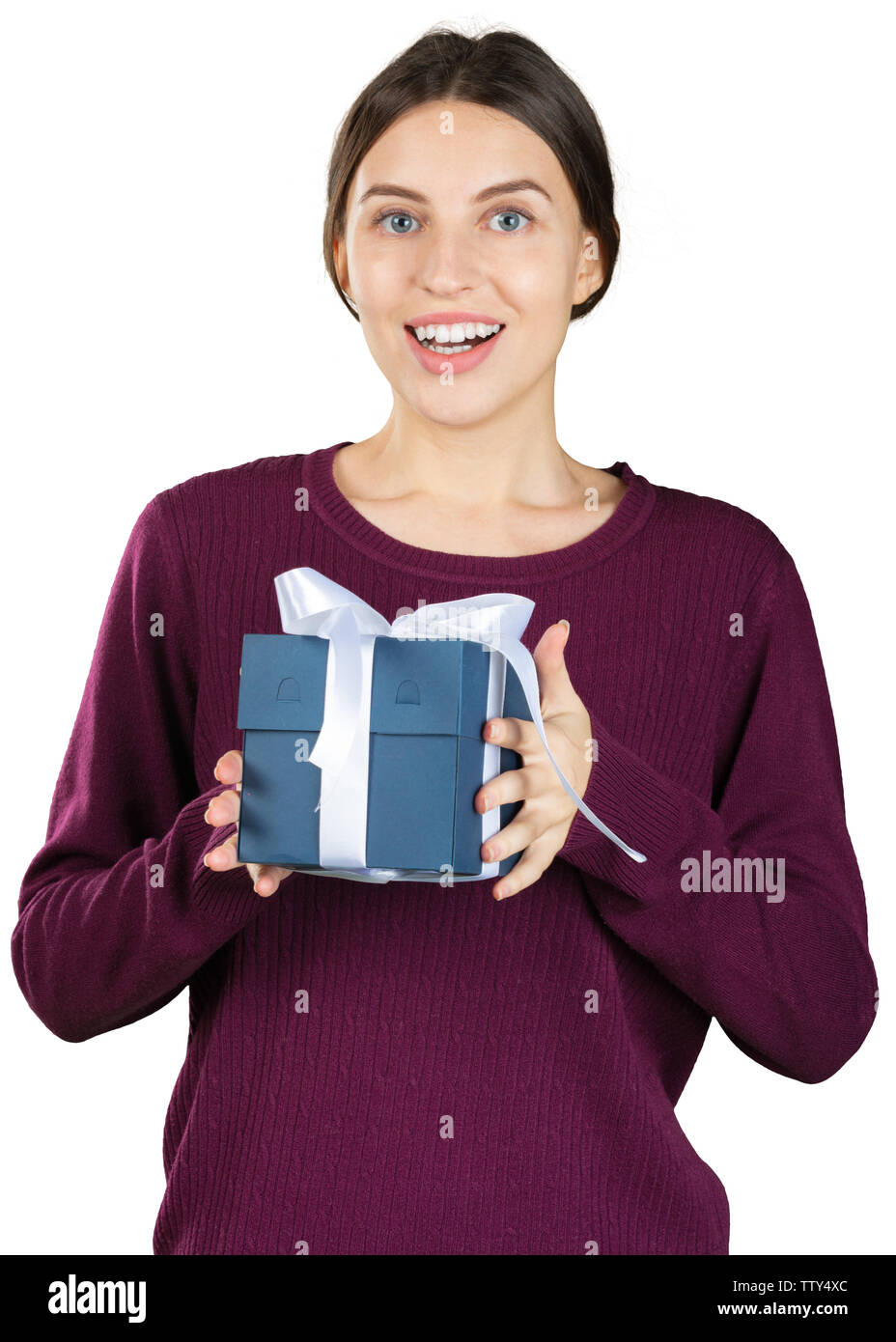Portrait of a smiling cute woman and gift box Stock Photo - Alamy