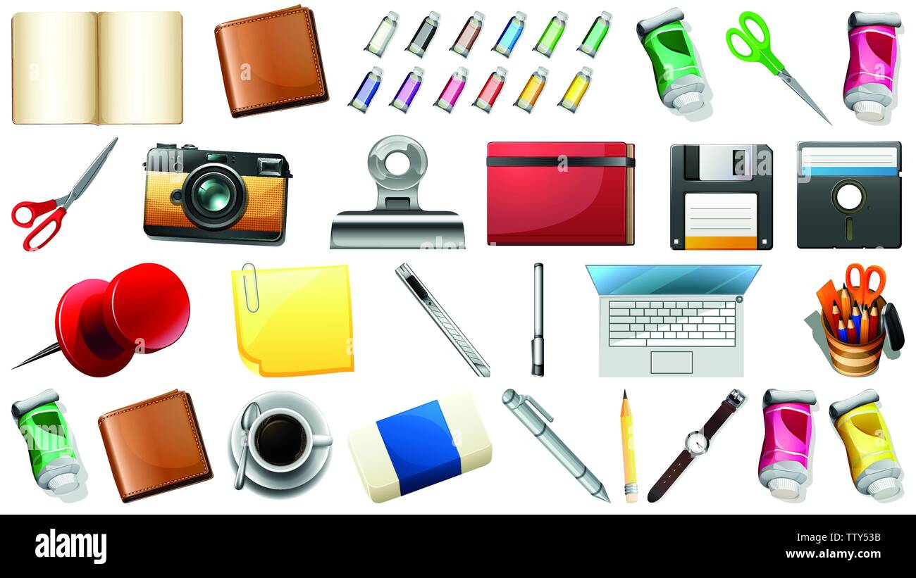 Set stationary object illustration Cut Out Stock Images & Pictures - Alamy