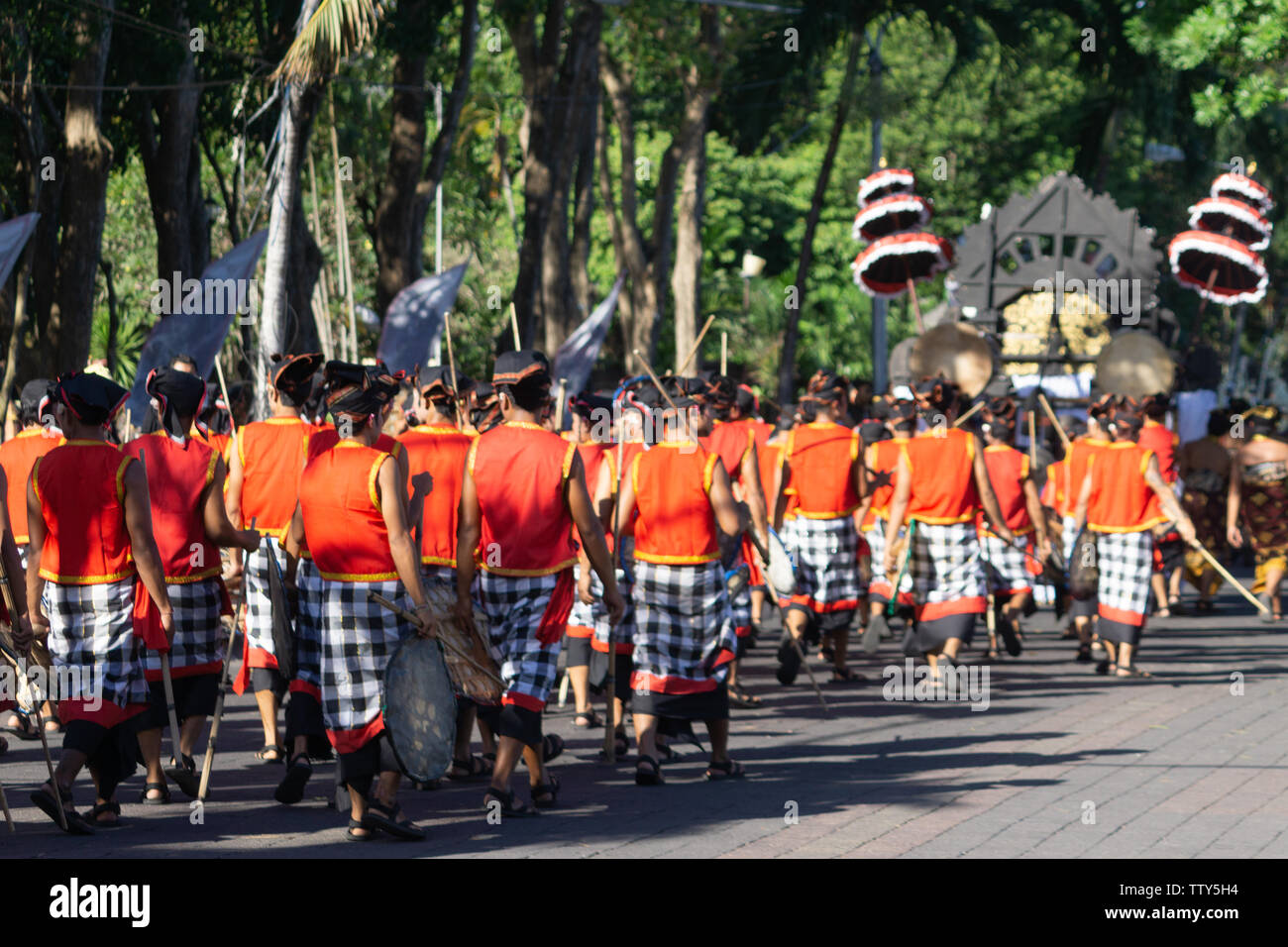 DENPASAR/BALI-JUNE 15 2019: The Gebug Ende Karangasem dancers, wearing ...