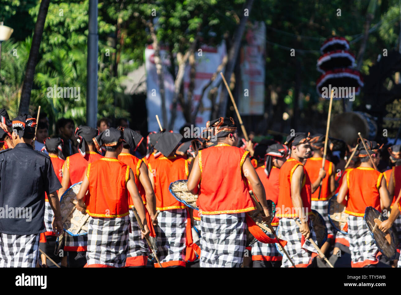 DENPASAR/BALI-JUNE 15 2019: The Gebug Ende Karangasem dancers, wearing ...