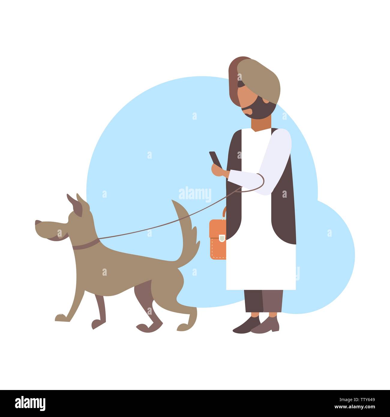 arabic man walking with dog arab character in traditional clothes using ...