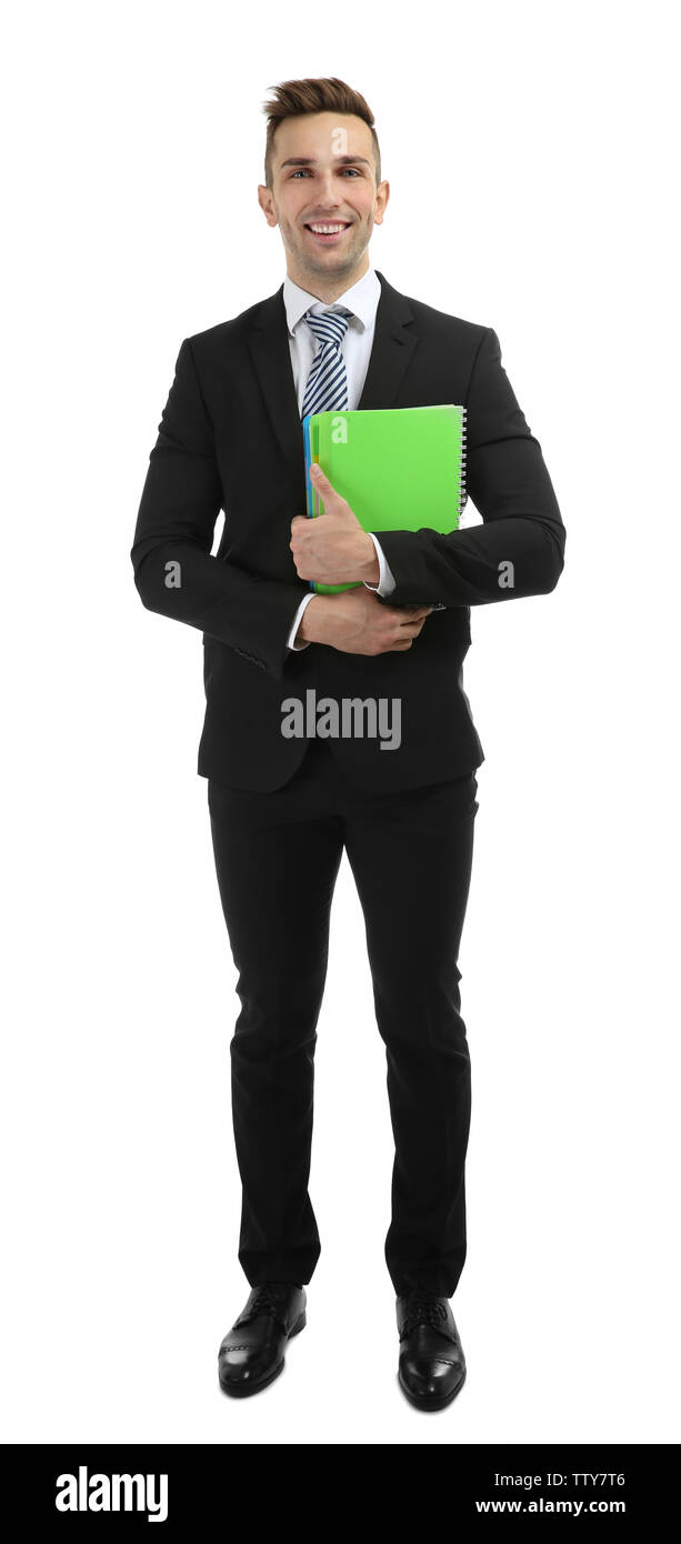 Young teacher with notebook on white background Stock Photo - Alamy