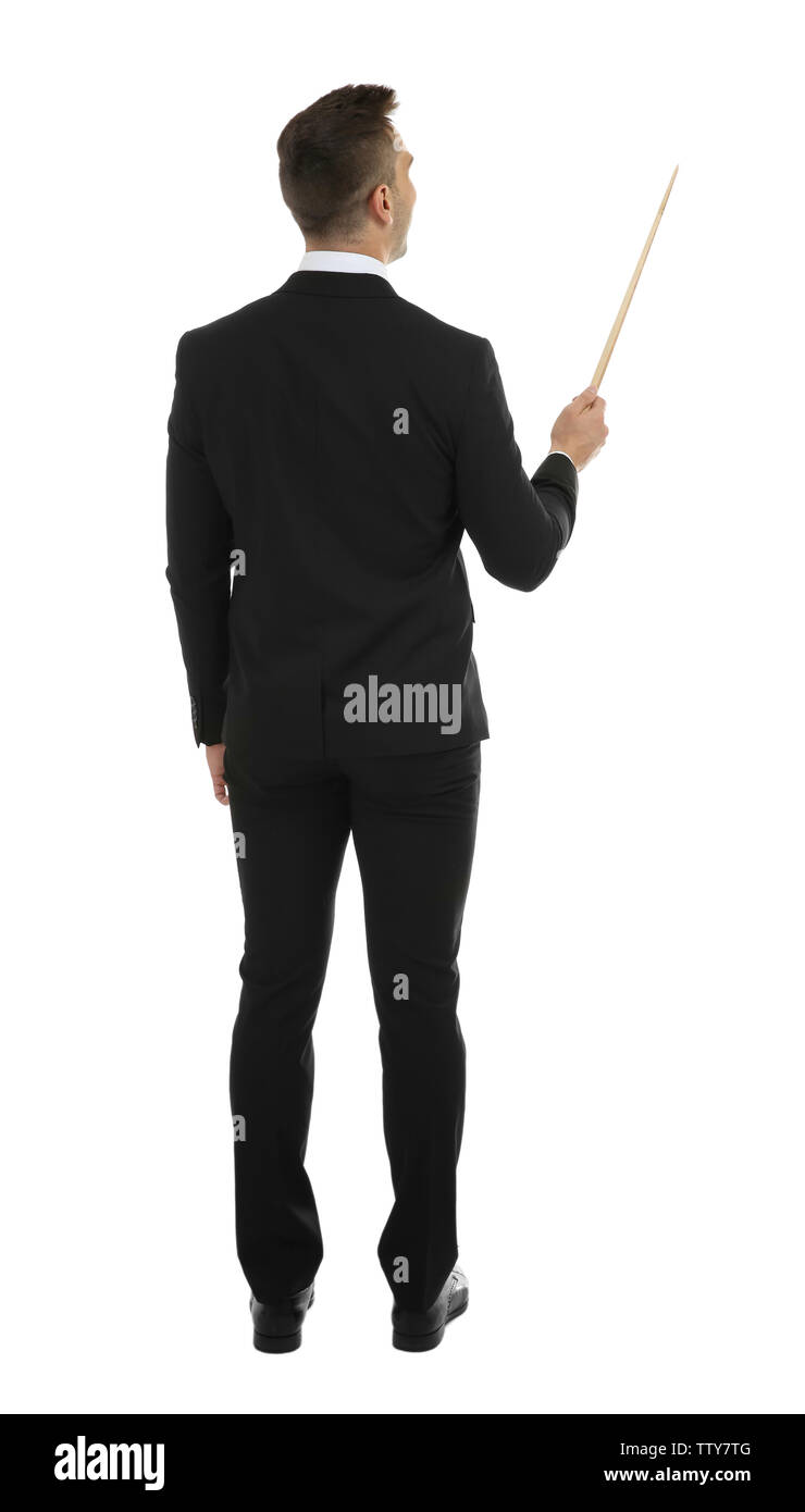 Young male teacher with pointer on white background Stock Photo - Alamy