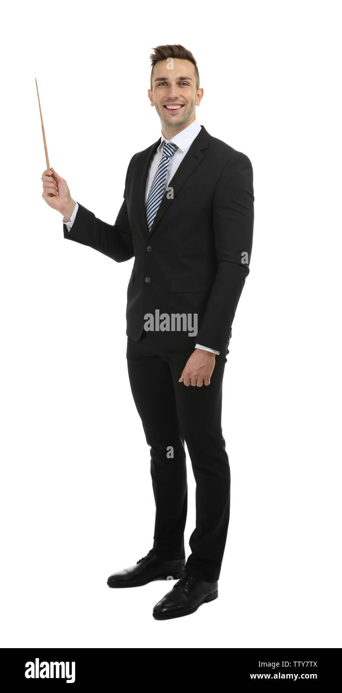 Young male teacher with pointer on white background Stock Photo - Alamy