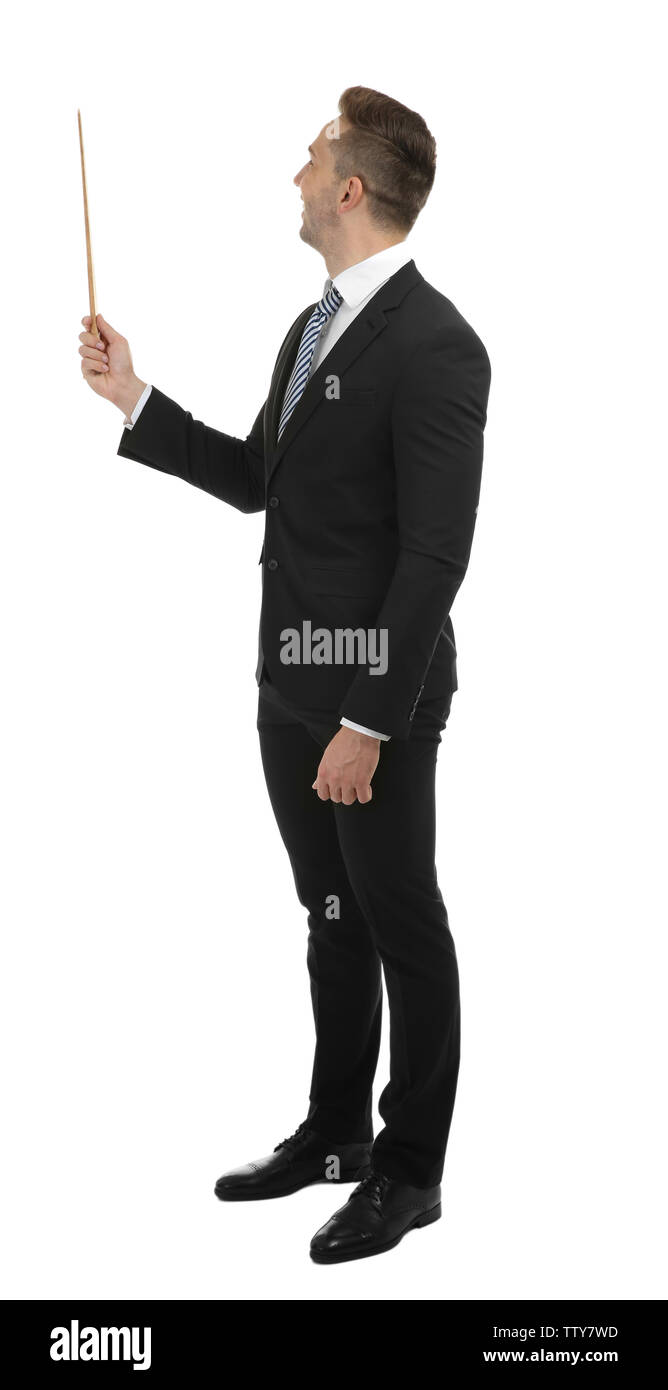 Young male teacher with pointer on white background Stock Photo - Alamy