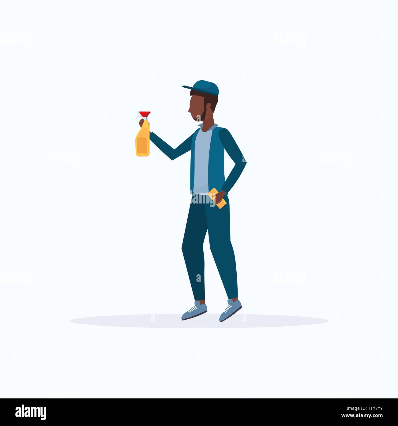 male janitor in uniform holding washcloth and spray plastic bottle ...