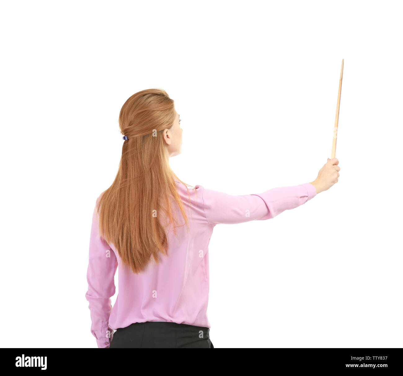 Young teacher with pointer on white background Stock Photo - Alamy