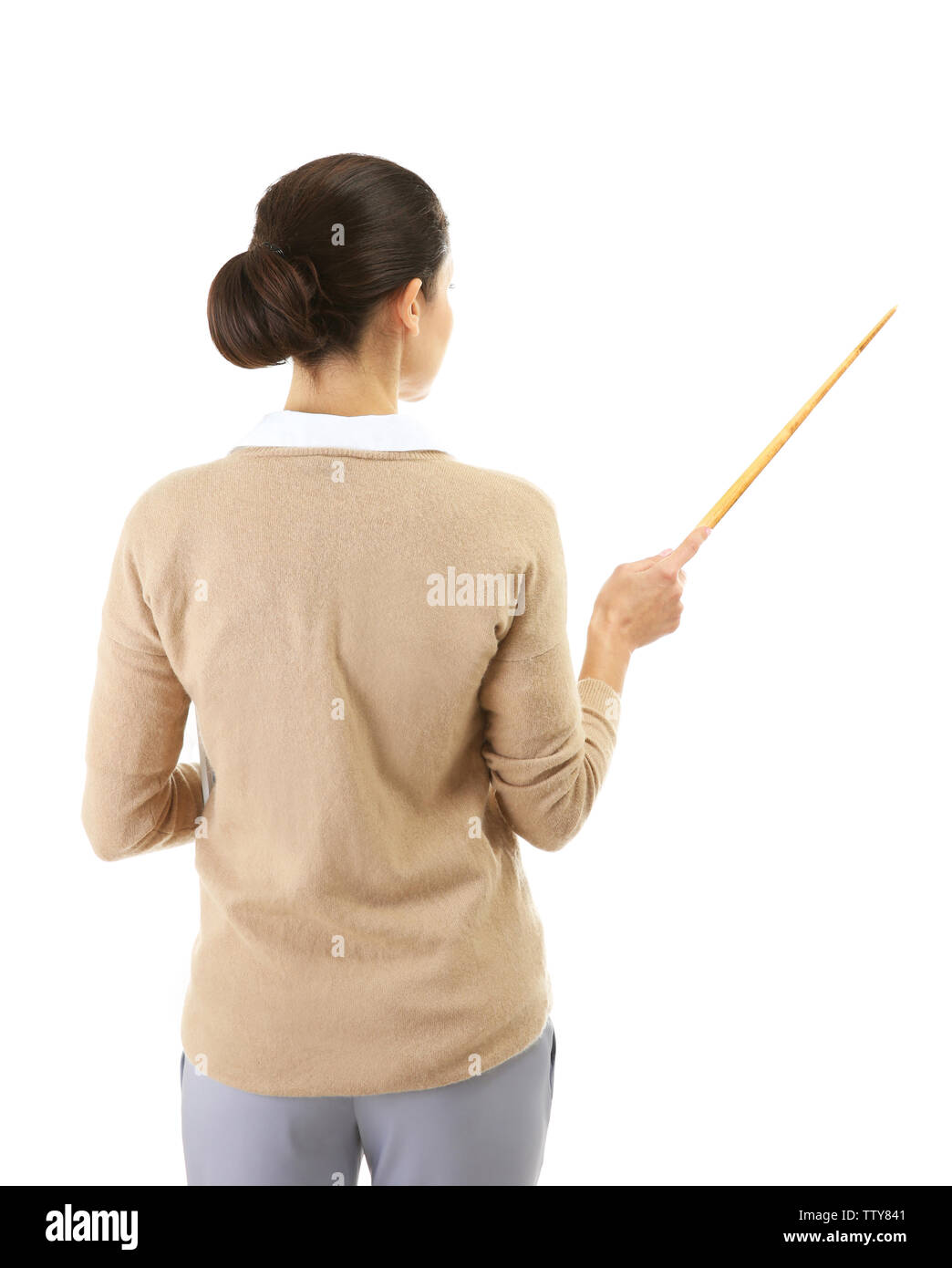 Young teacher with pointer on white background Stock Photo - Alamy