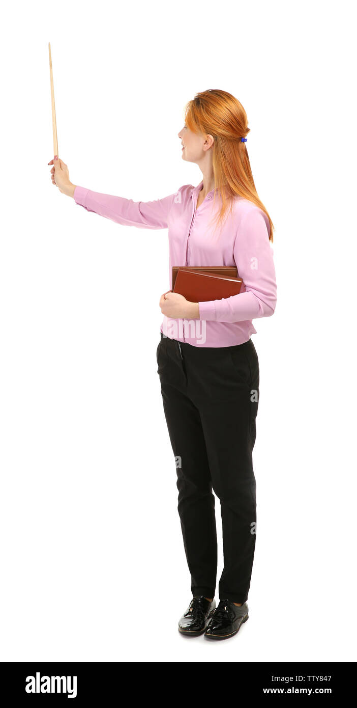 Young teacher with pointer on white background Stock Photo - Alamy