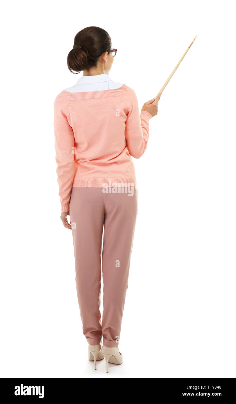 Young teacher with pointer on white background Stock Photo - Alamy