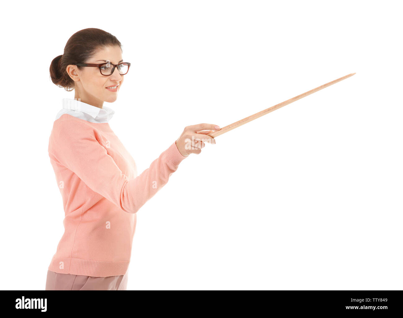 Young teacher with pointer on white background Stock Photo - Alamy