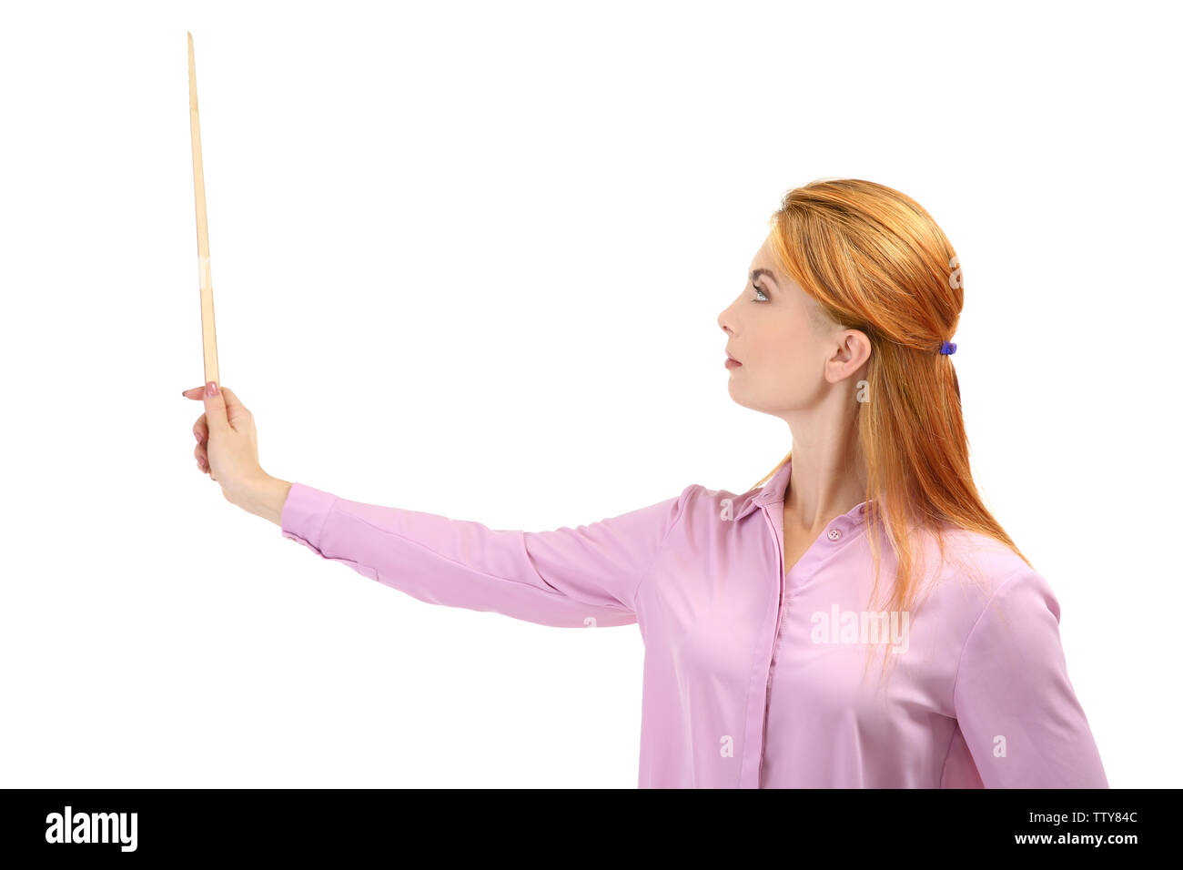Young teacher with pointer on white background Stock Photo - Alamy