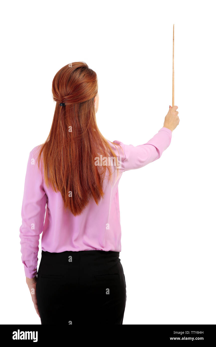 Young teacher with pointer on white background Stock Photo - Alamy