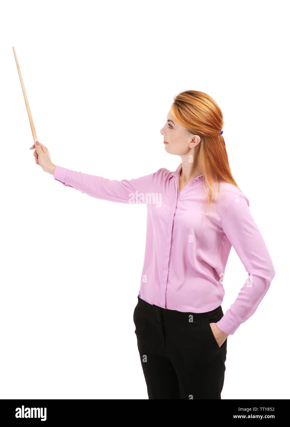 Young teacher with pointer on white background Stock Photo - Alamy