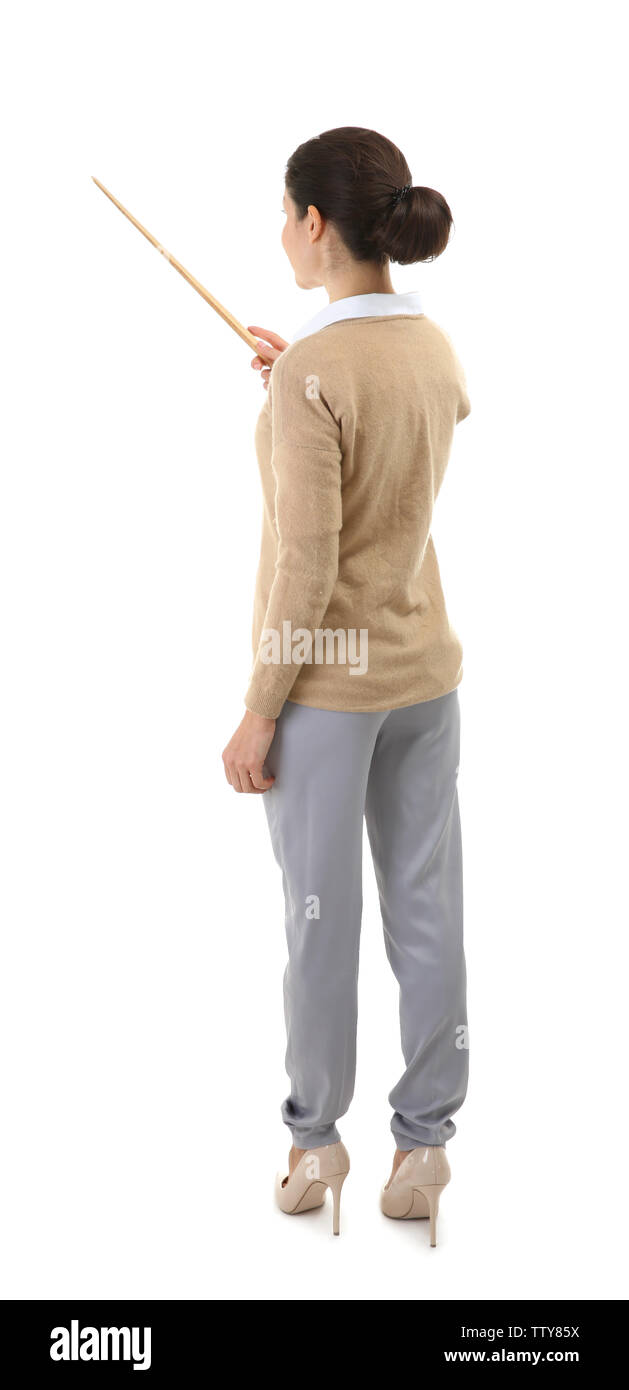 Young teacher with pointer on white background Stock Photo - Alamy