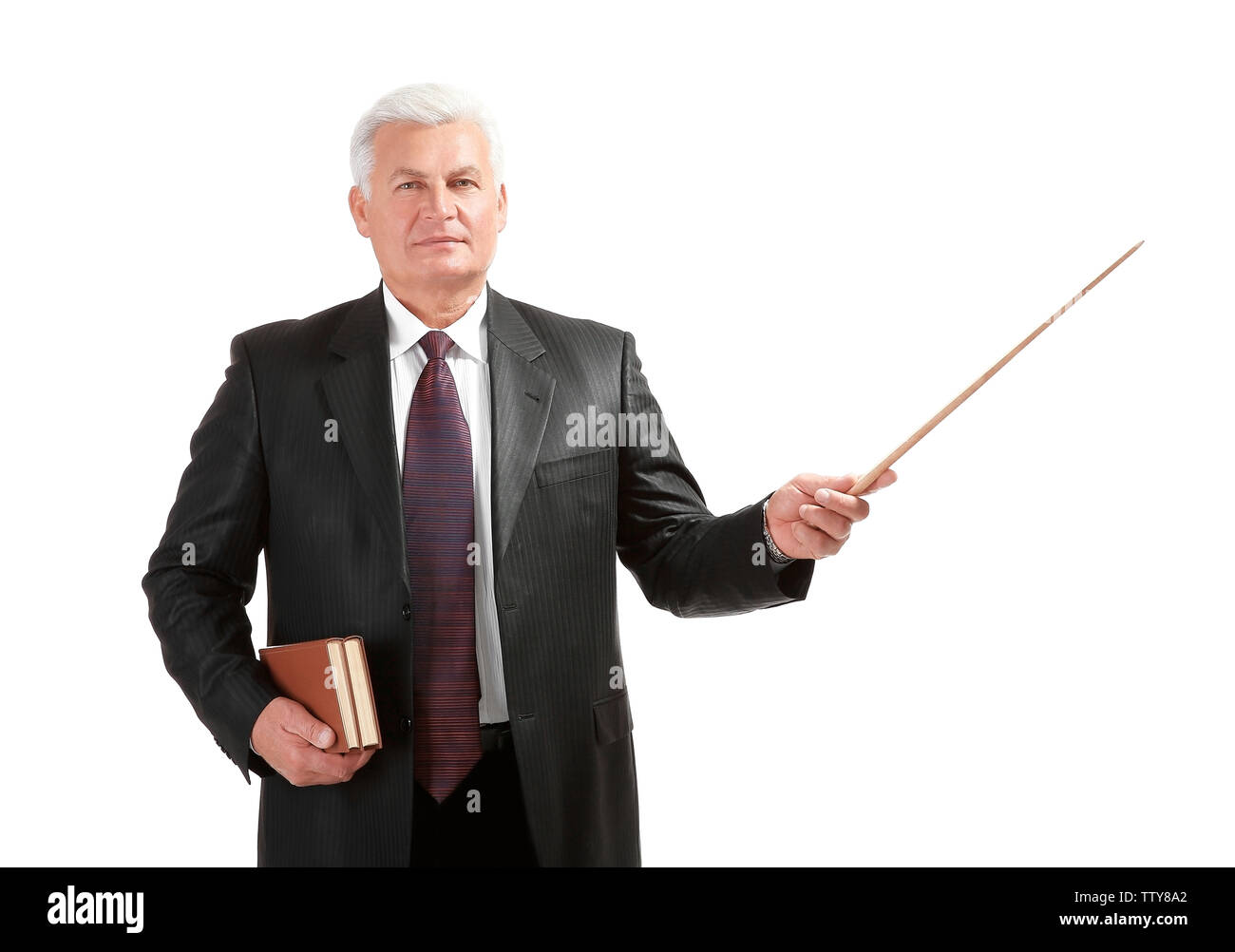 Senior man with pointer on white background Stock Photo - Alamy