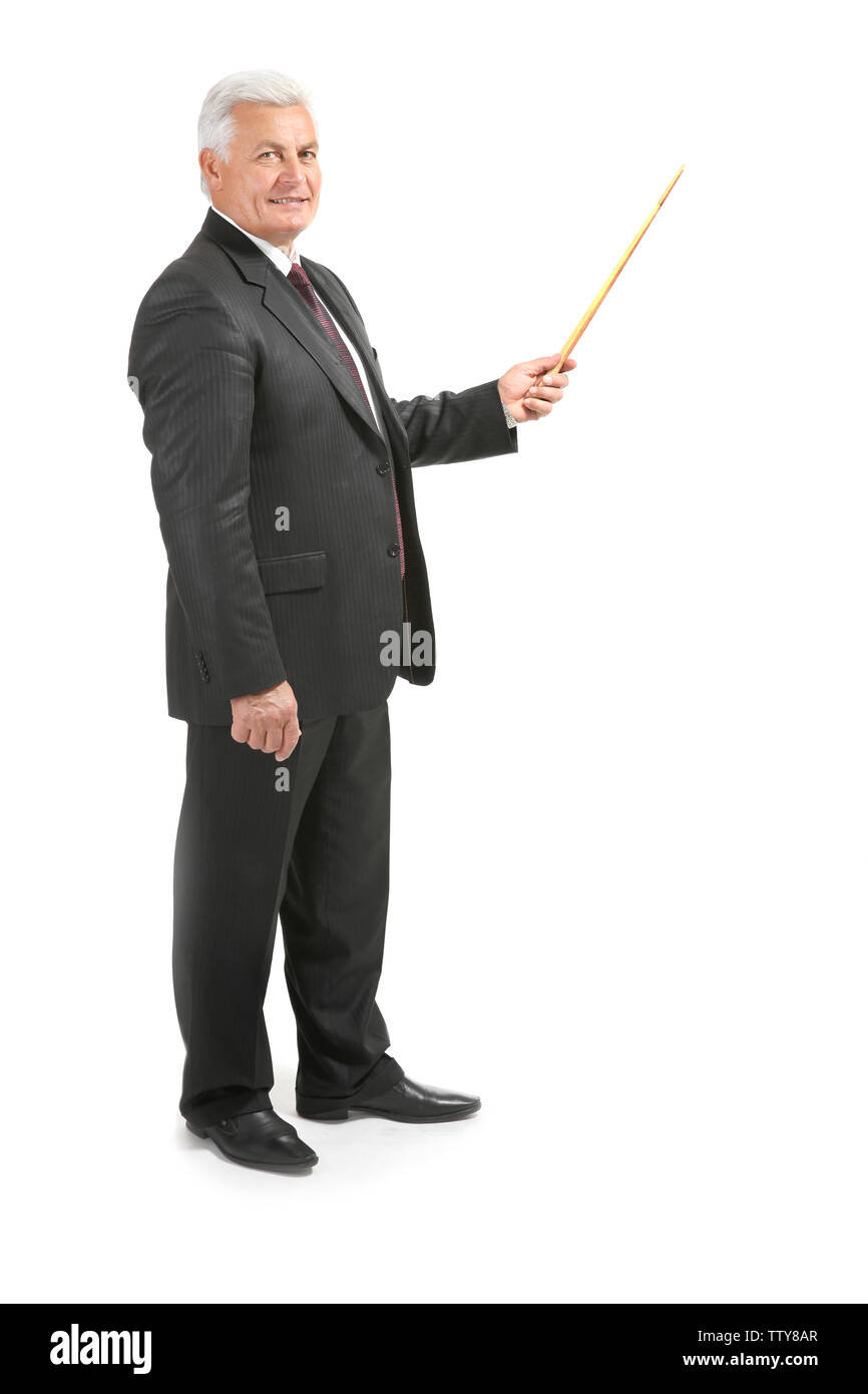 Senior man with pointer on white background Stock Photo - Alamy