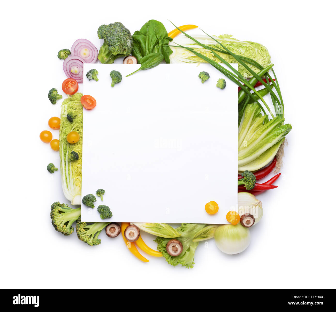 Group of fresh vegetables with text space on white background Stock ...