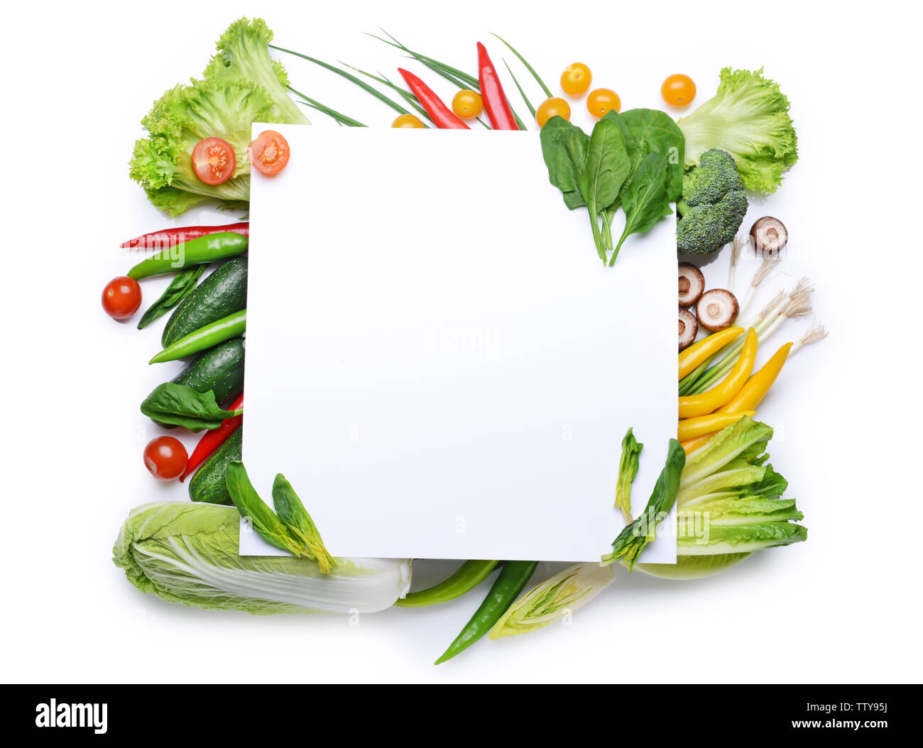 Group of fresh vegetables with text space on white background Stock ...