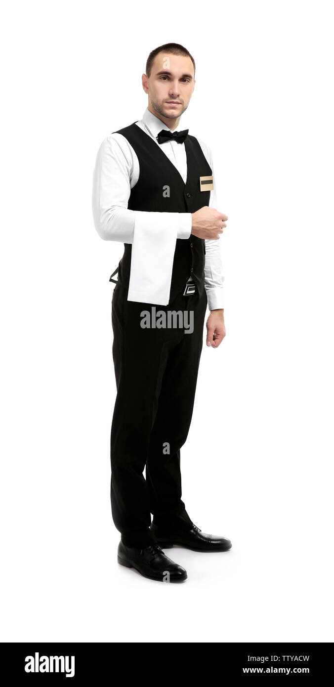 Young handsome waiter with napkin standing on white background Stock ...