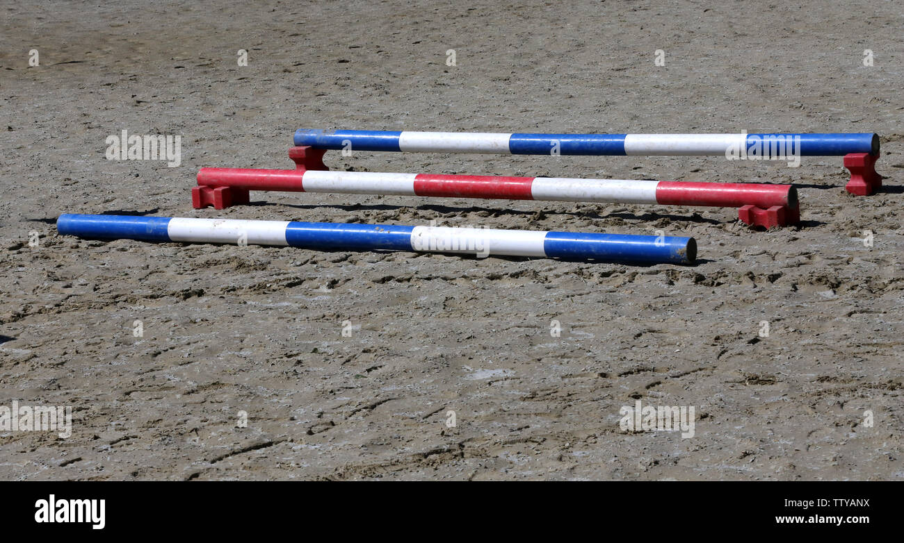 Image of show jumping poles on the training field. Wooden barriers for ...
