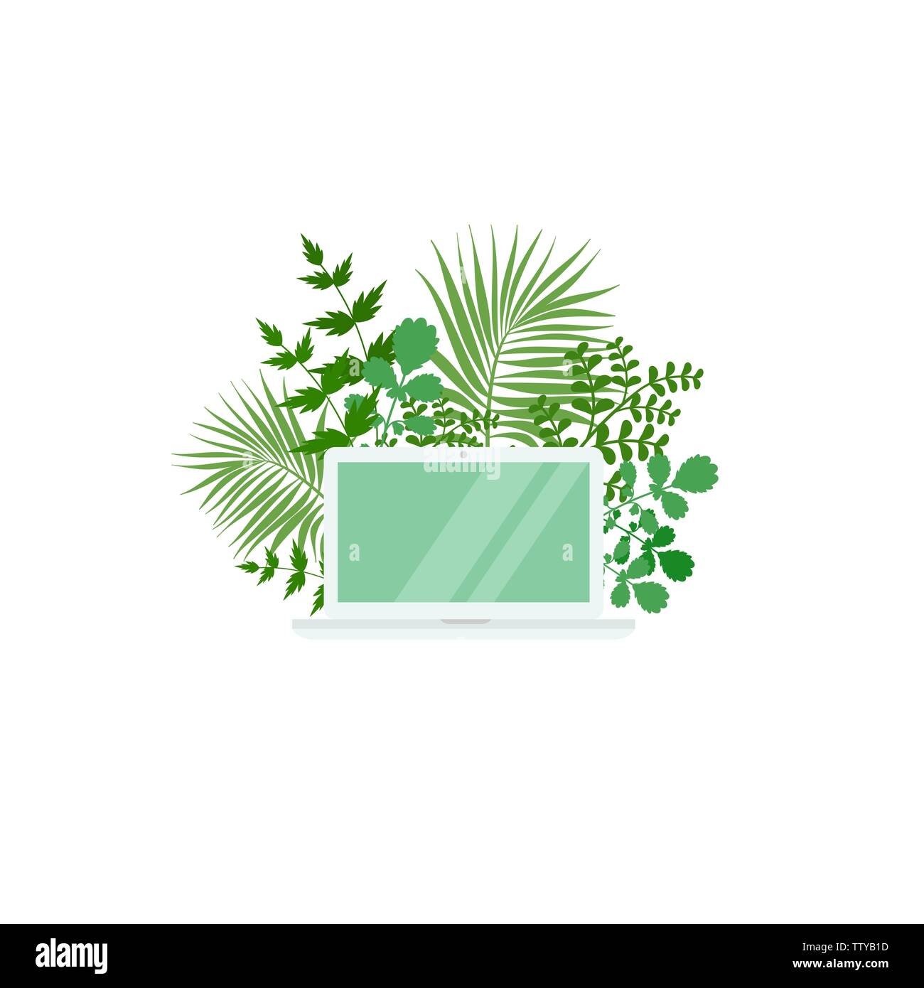 laptop with green branches and twigs. ecology use computer. notebook ...