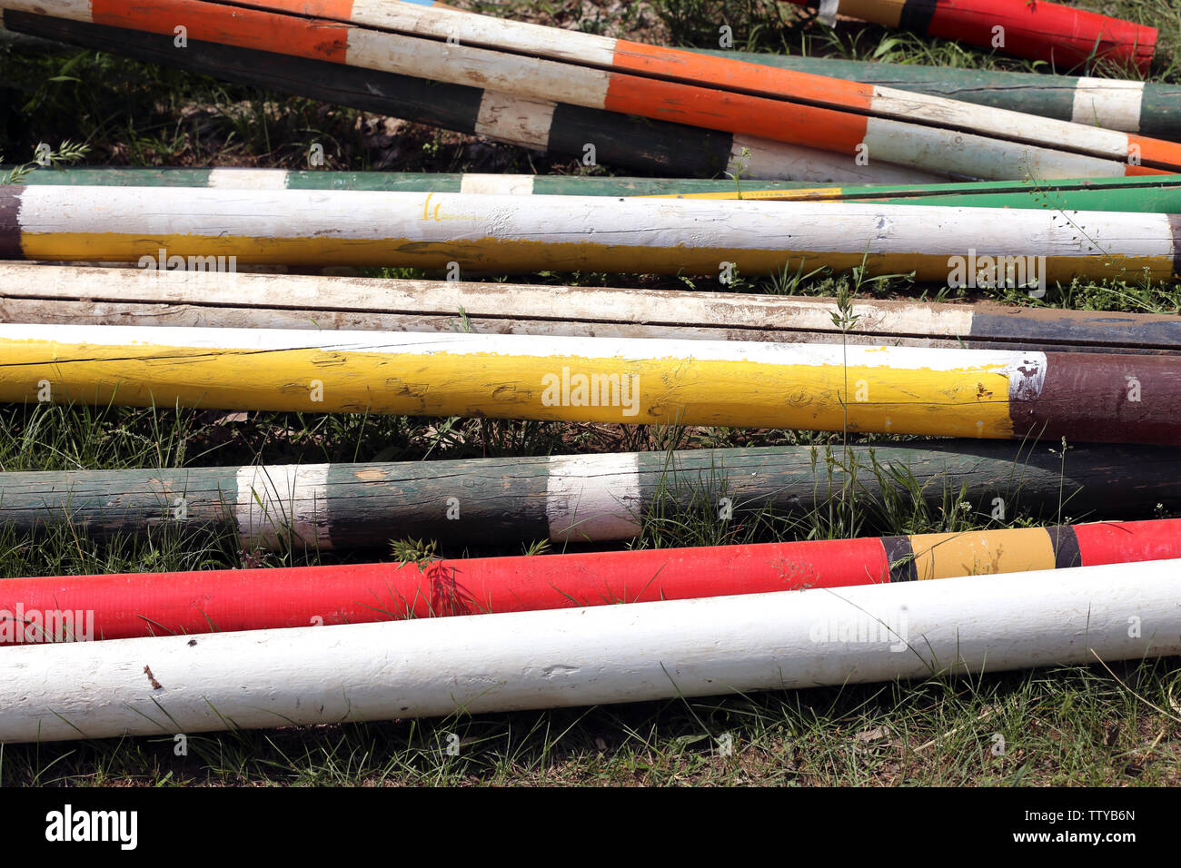 Image of show jumping poles on the training field. Wooden barriers for ...