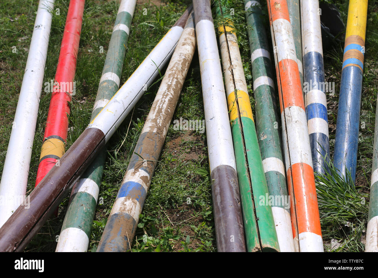Image of show jumping poles on the training field. Wooden barriers for ...