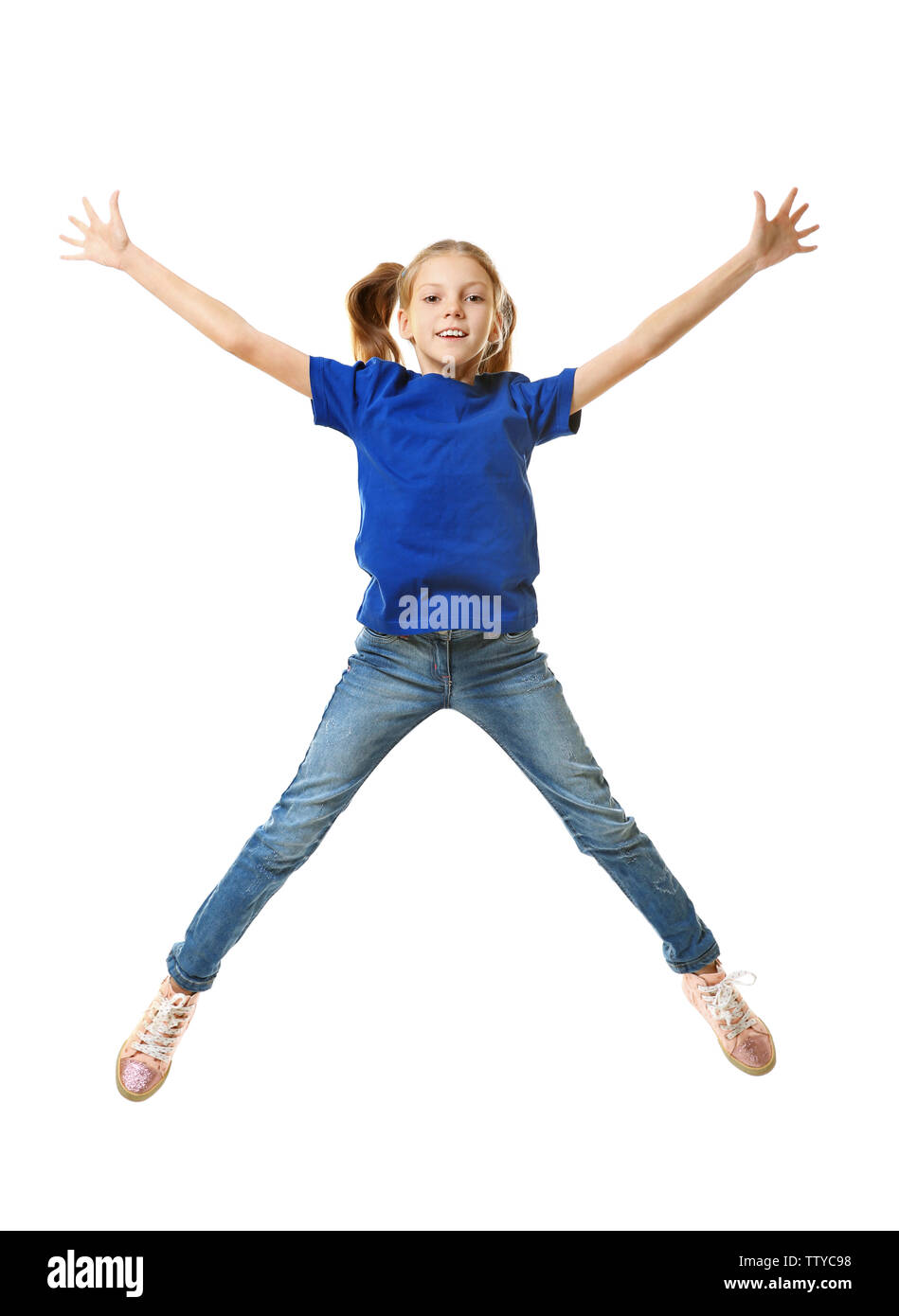 Funny girl jumping on white background Stock Photo - Alamy