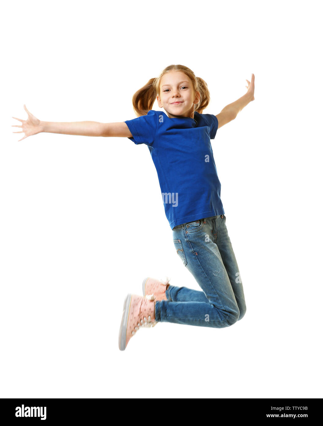 Funny girl jumping on white background Stock Photo - Alamy